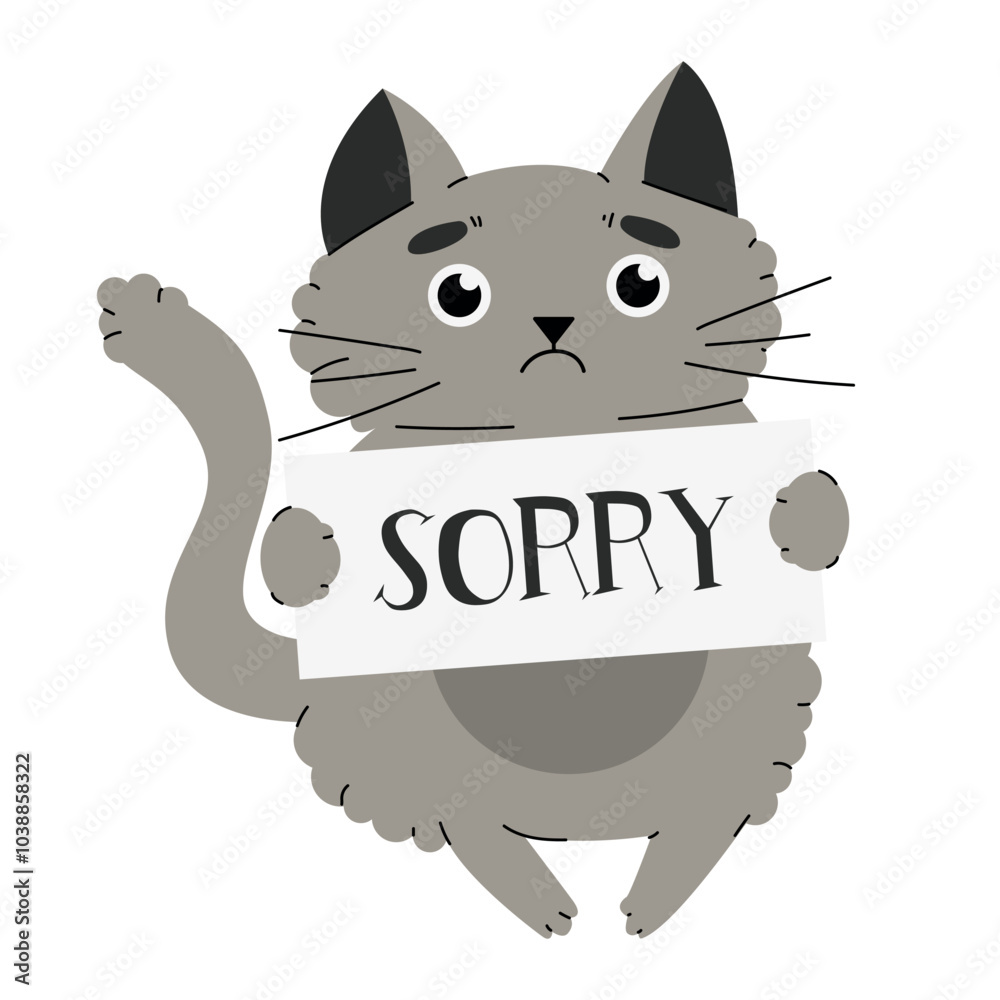 Flat vector illustration of card with sad cat holding 'sorry' sign ...