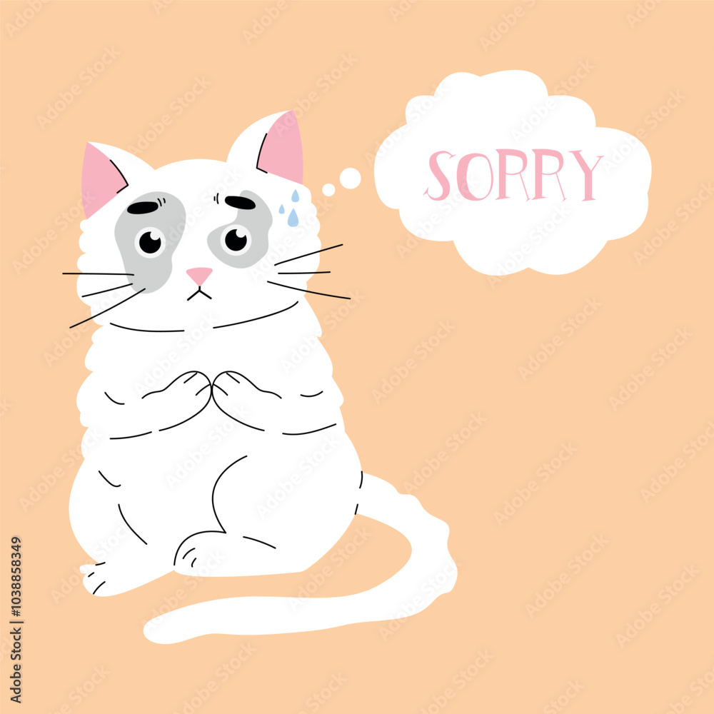 Flat vector illustration of a card with a sad cat, says and thinks ...
