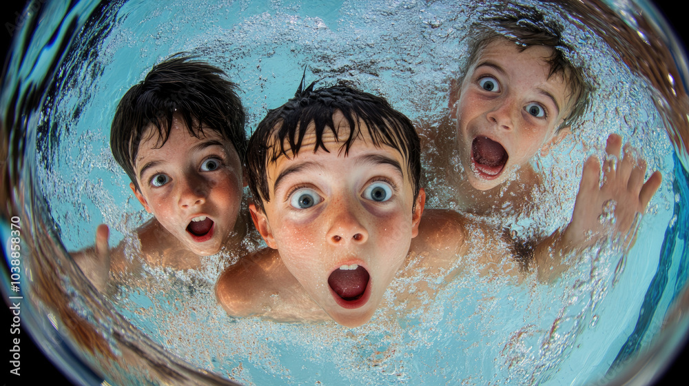 A group of kids swim underwater with amazed expressions in a brightly ...