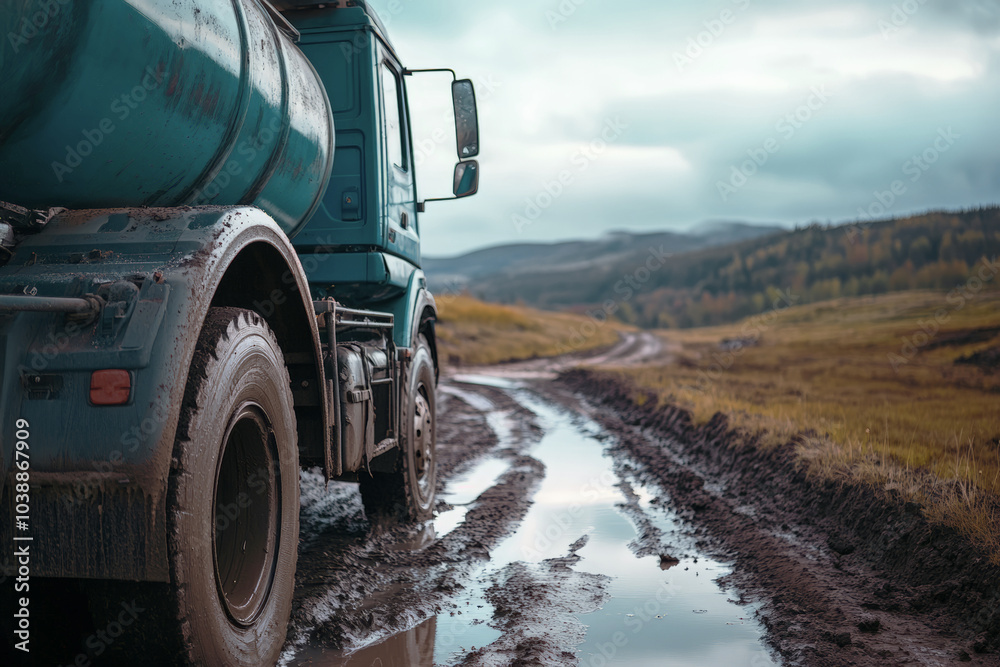 Blue water tanker truck driving on a muddy rural road, transporting ...