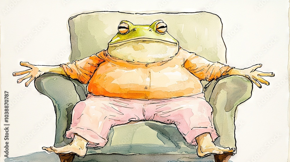 Watercolor portrait of a frog in a chair with outstretched arms and ...