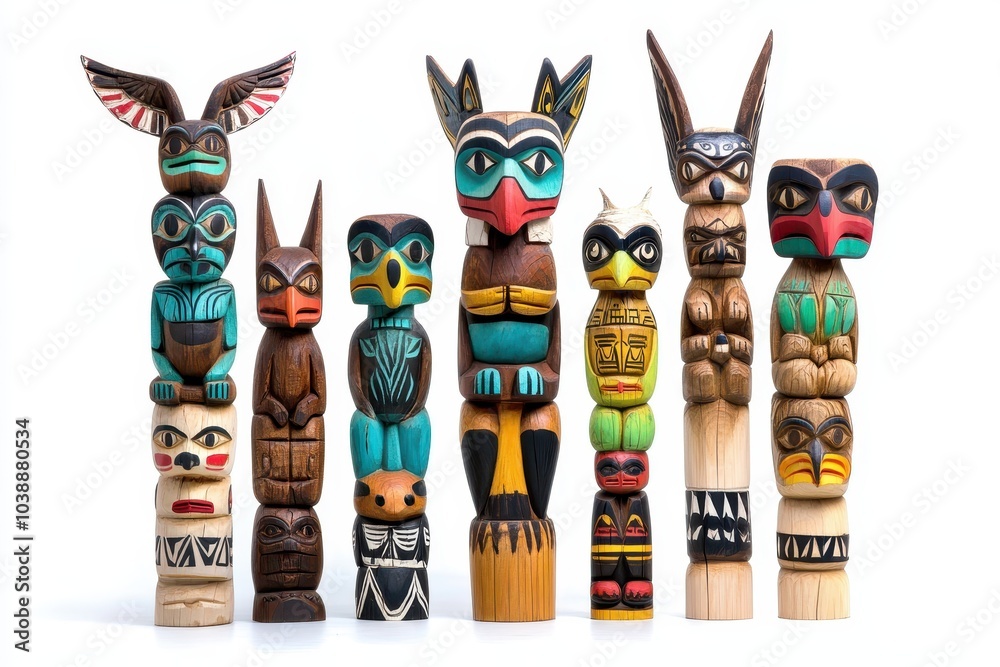 Isolated traditional totem poles on a white background represent family ...