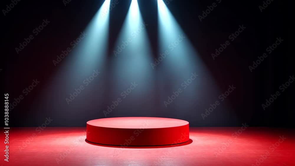 A red stage with three spotlights shining down on a circular platform ...