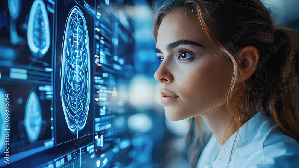 A young woman gazing thoughtfully at brain scans on a futuristic ...