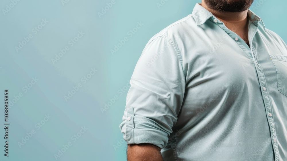 The body of a fat man in a blue shirt on a blue background. An ...
