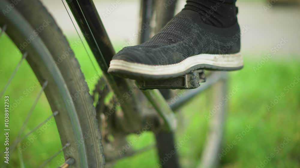 Close-up of someone wearing grey sneakers tapping and rotating bicycle ...