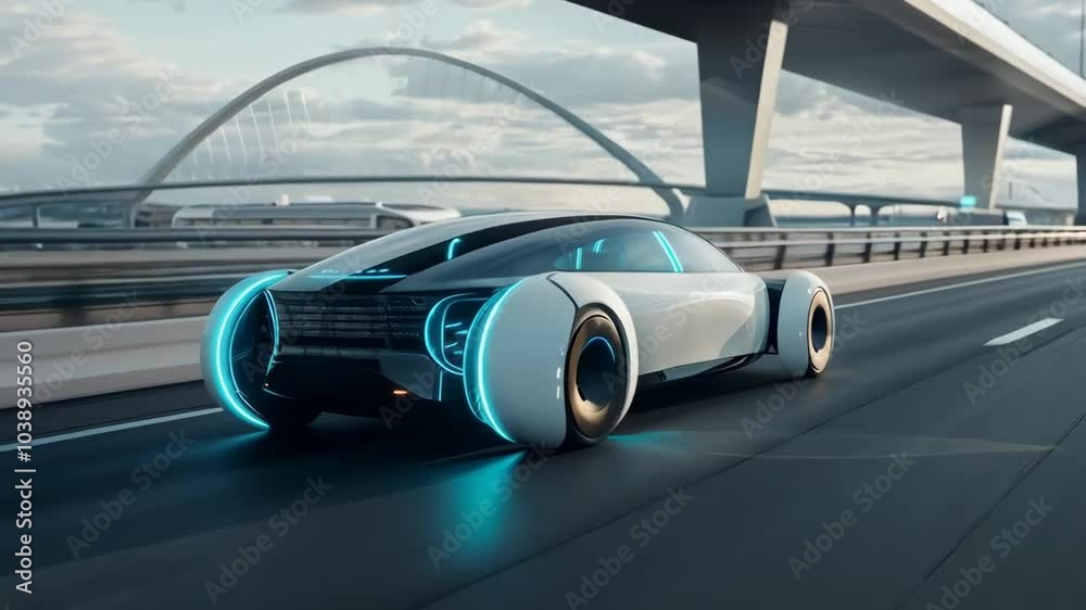 Future electric car moving through city highway. Autonomous driving ...