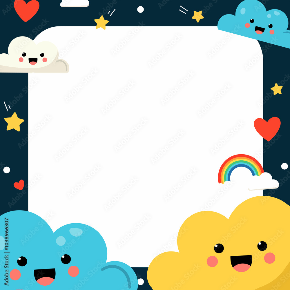 Happy cloud-themed frame with cheerful clouds, stars, and rainbow icons ...
