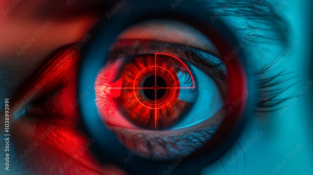A close-up view of an eye with a red target reticle aiming at the pupil ...