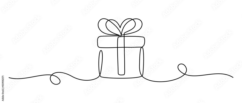 One Continuous line drawing of Birthday Gift box with ribbon and bow ...