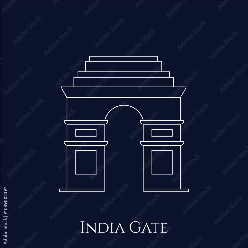 Editable Outline Vector of India Gate on Blue Background for Indian ...