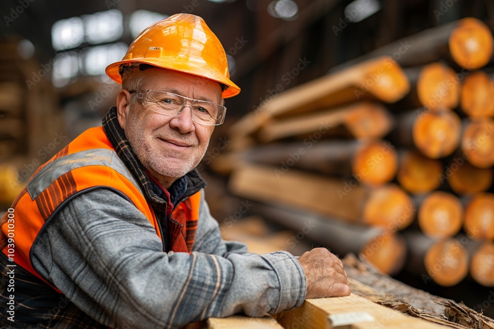 Experienced worker in an orange hard hat and safety vest smiles in a ...