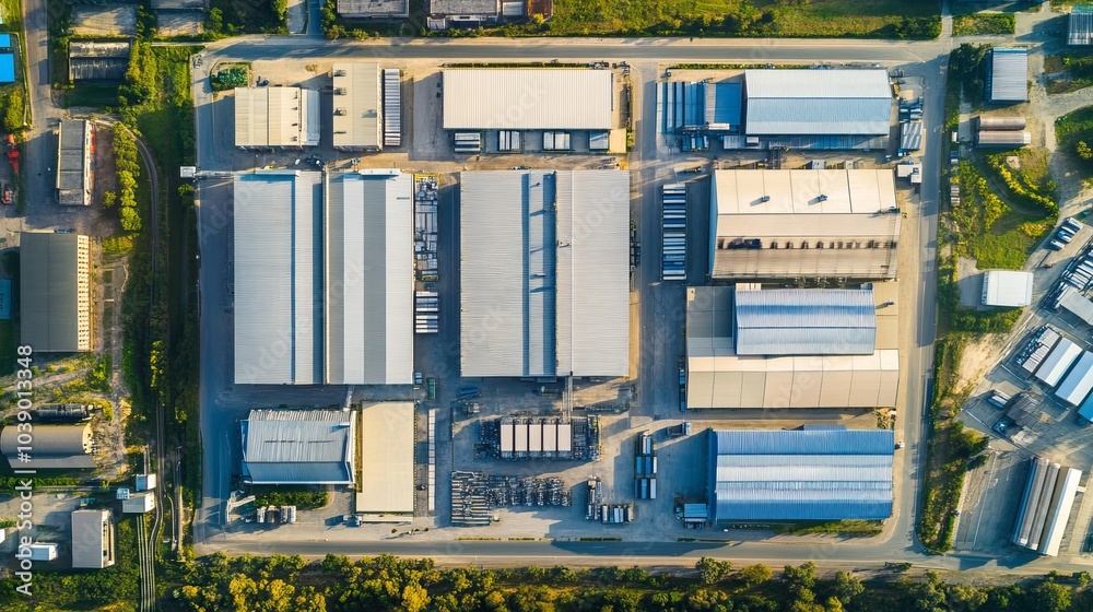 Aerial view of an industrial zone, including a logistics center and a ...