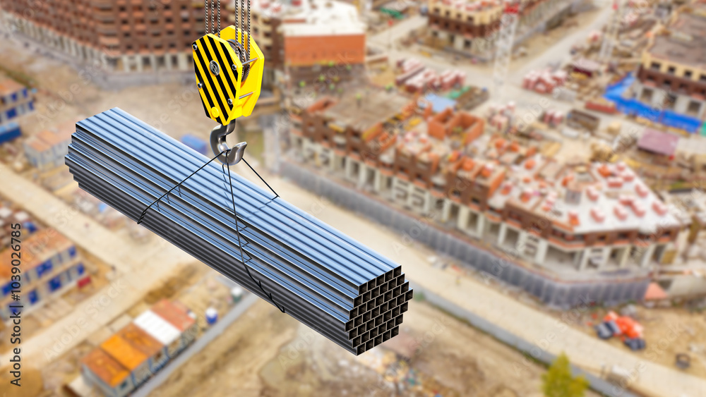 Lifting building materials with tower crane. Square pipes hang on hook ...