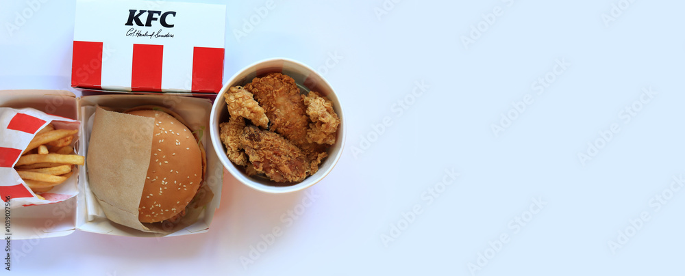 Kyiv, Ukraine - October 20, 2024: KFC. Bucket with strips, burger in ...