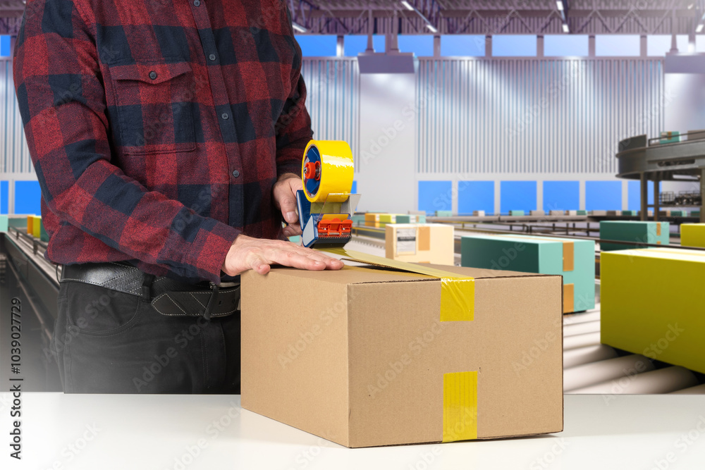Hands of warehouse packer. Man seals cardboard box with tape. Packer ...