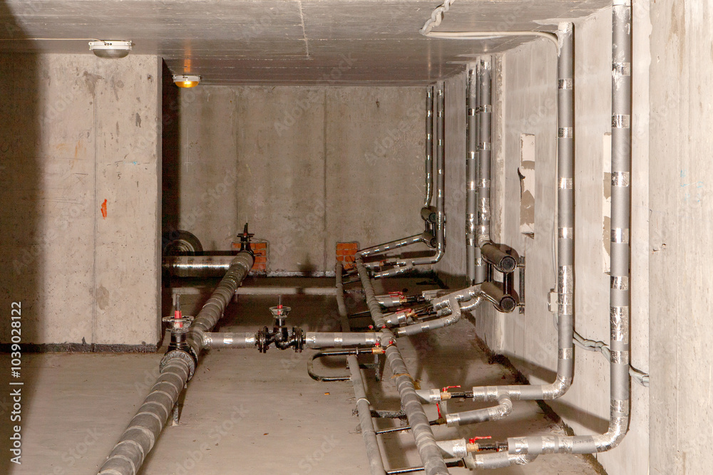 Engineering room. Basement with pipes. Room with insulated pipeline ...