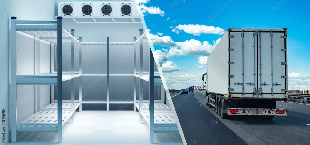 Truck with refrigerated container. Cargo van for frozen goods. Cooling ...