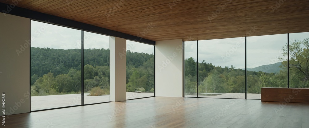 The sentence is: A modern, empty office with large glass windows ...