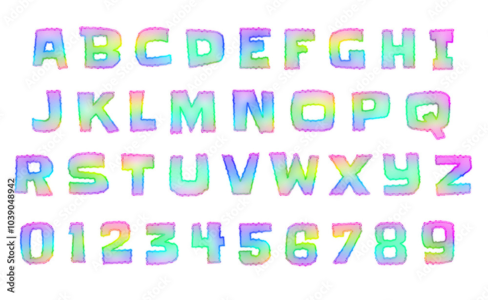 Colored alphabet with outline, transparent inside. Neon inflated ...