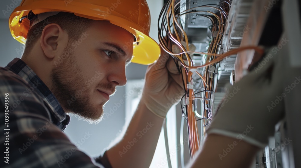 A detailed image of an electrician installing wiring and cables in a ...