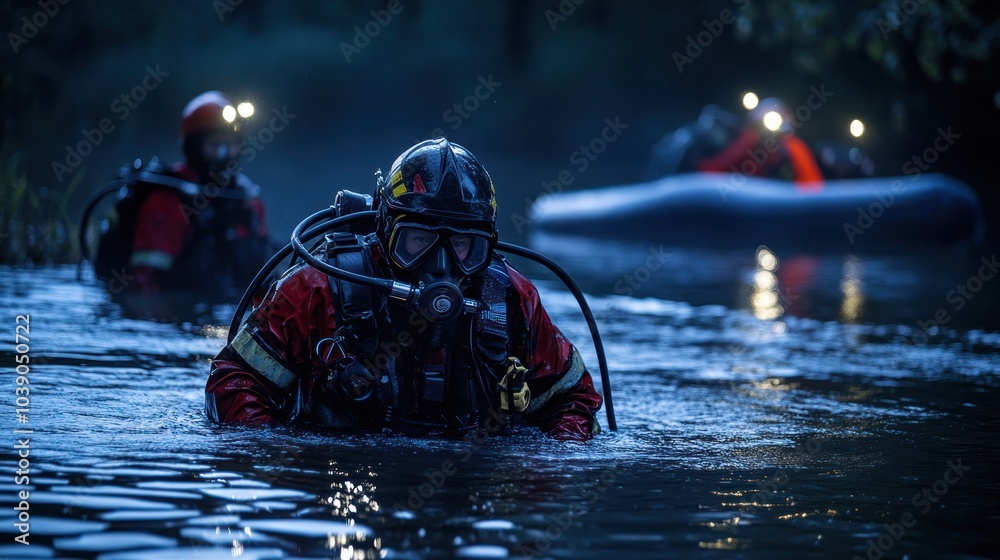 Firefighters in scuba gear diving into a murky river to rescue a ...