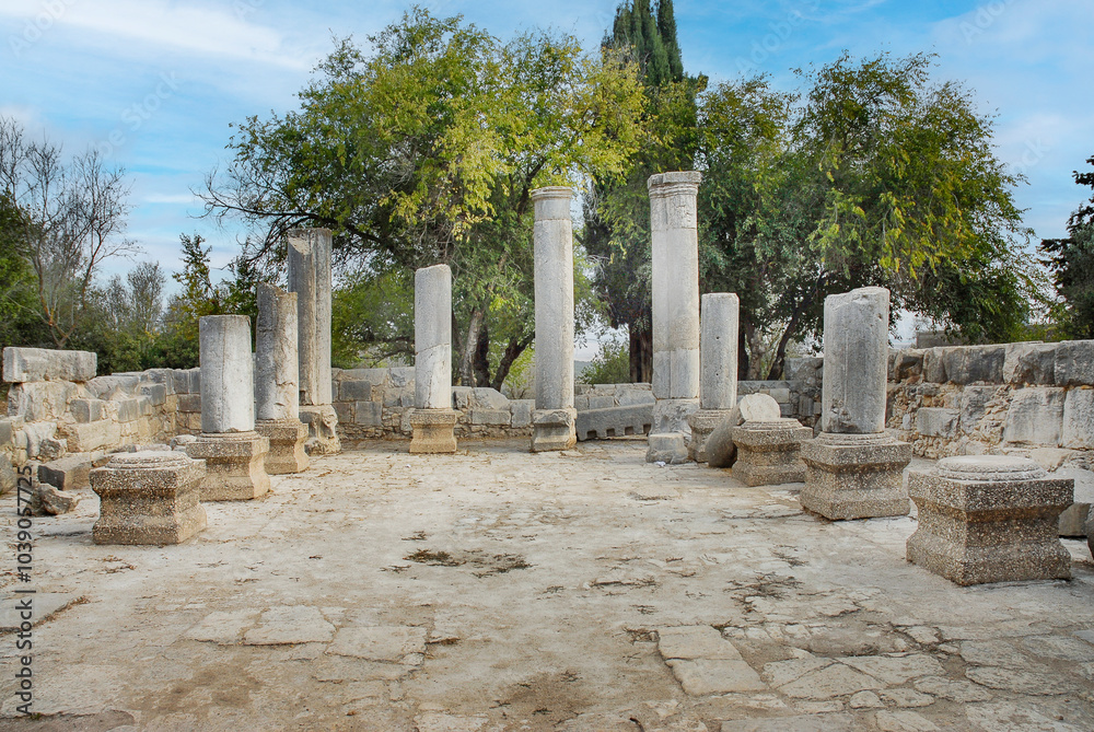 Bar'am Synagogue ruins from the Talmudic period. The façade of the 3rd ...