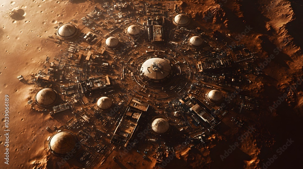 A sprawling Mars settlement with domed structures arranged in a perfect ...