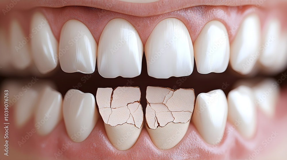 Side-by-side image of a patient's teeth, showing chipped teeth before ...