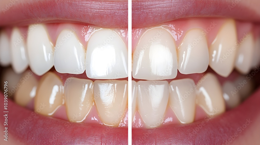 Close-up side-by-side shot of teeth before and after whitening ...