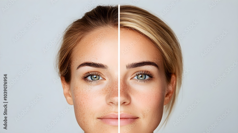 Before-and-after split-screen of a woman's face, highlighting the ...