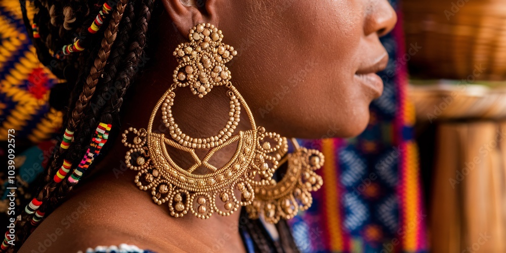 A close-up of gold earrings worn by a Fulani woman, showcasing the ...