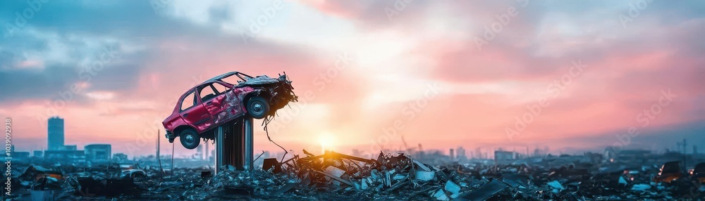 Crushed car being lifted by a giant magnet in a scrapyard, captured at ...