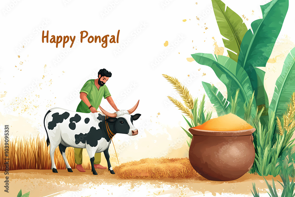 Pongal festival background with happy Indian farmers working in the ...