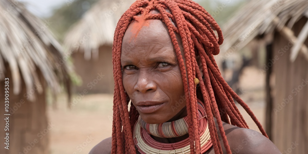 Himba Woman's Braided Hair. A close-up of the intricately styled red ...