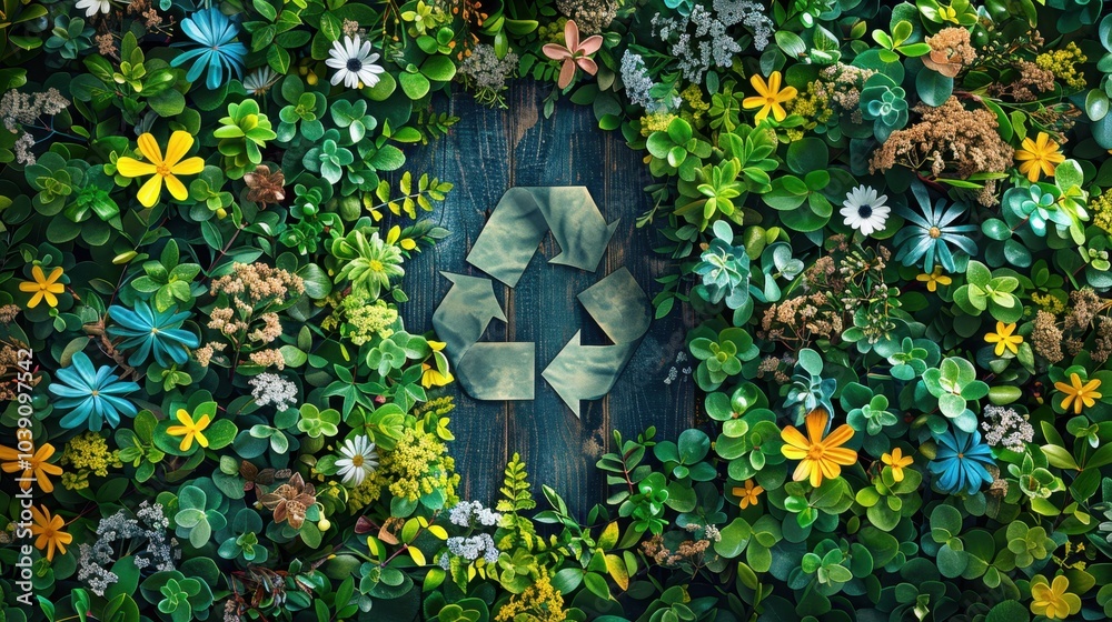 Recycling symbol with arrows on an ecological background . The ...