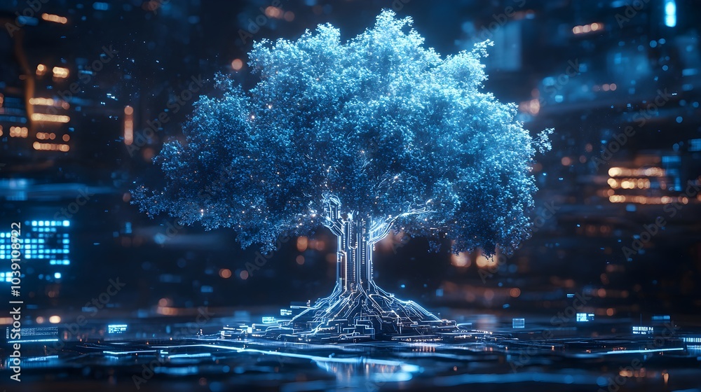 High-tech tree with LED-lit foliage growing out of a silver circuit ...