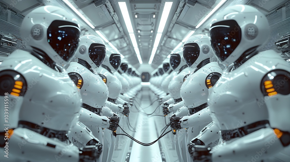 A symmetrical arrangement of humanoid robots charging in a high-tech ...