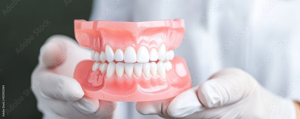 Dental model showing human teeth for educational purposes, held by a ...