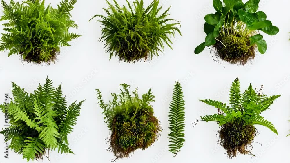 A collection of nine different types of ferns, moss, and greenery are ...
