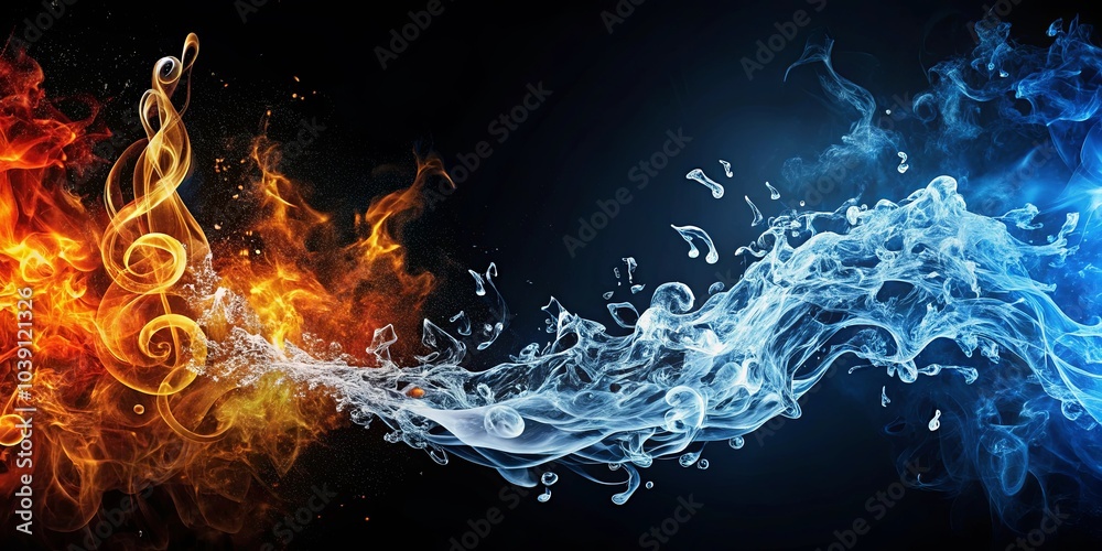 A fiery and icy abstract composition featuring a treble clef formed by ...