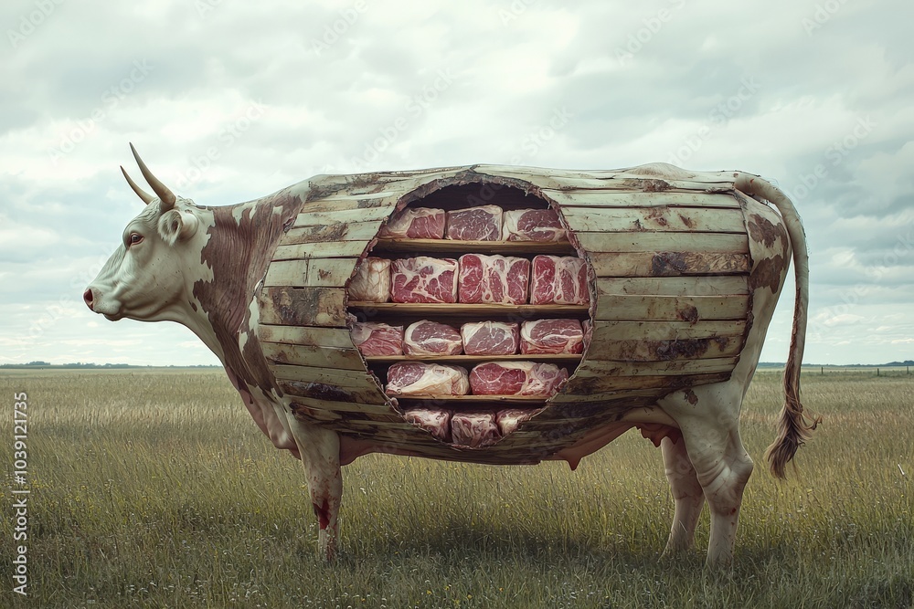 A striking, photorealistic depiction of a cow in a peaceful field, its ...