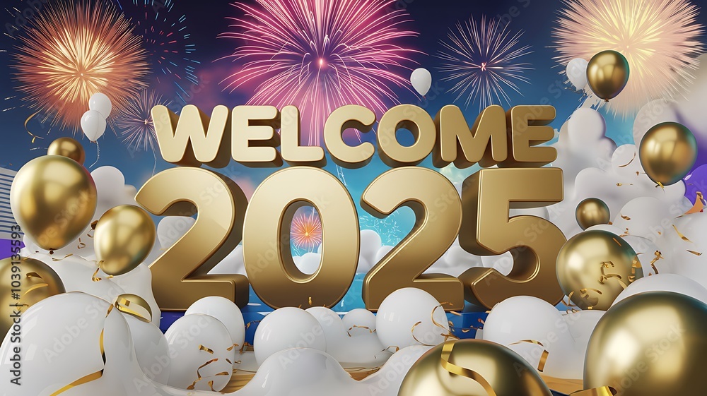 Welcome 2025: Golden Numbers and Balloons with Fireworks Background ...