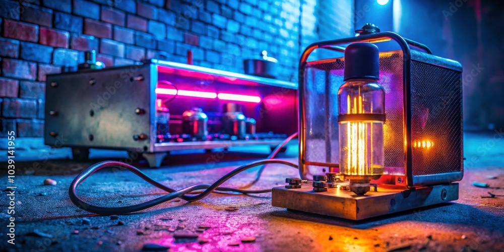 Tube amplifier laying broken on ground in neon lighting, tube amplifier ...