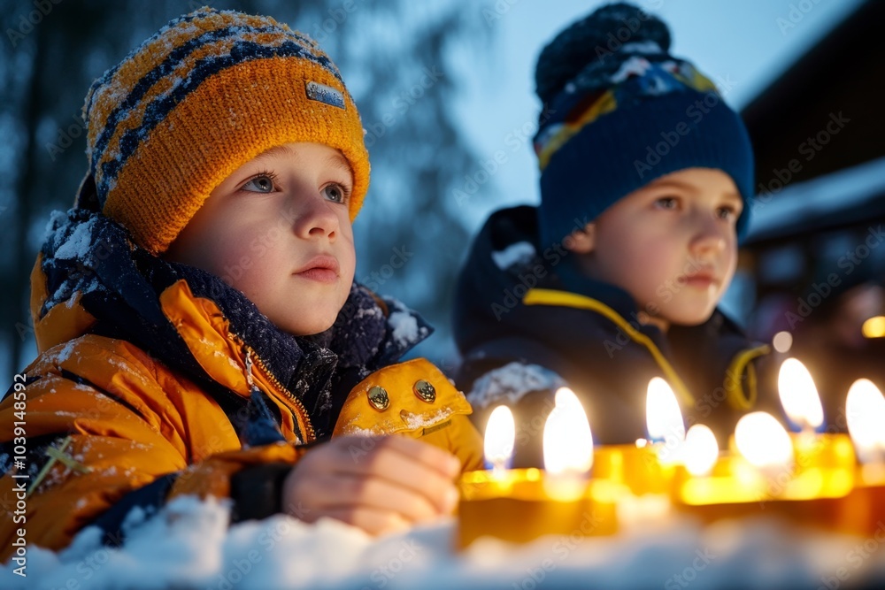 Children lighting candles on a dark evening, the warm glow of the ...