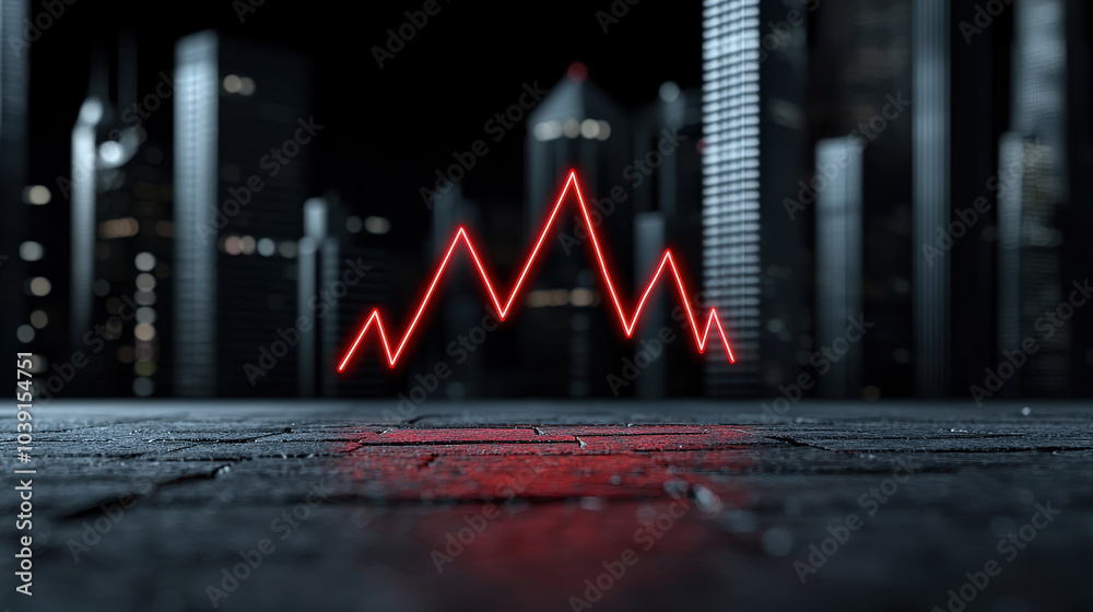 glowing red line graph rises against dark city skyline, symbolizing ...