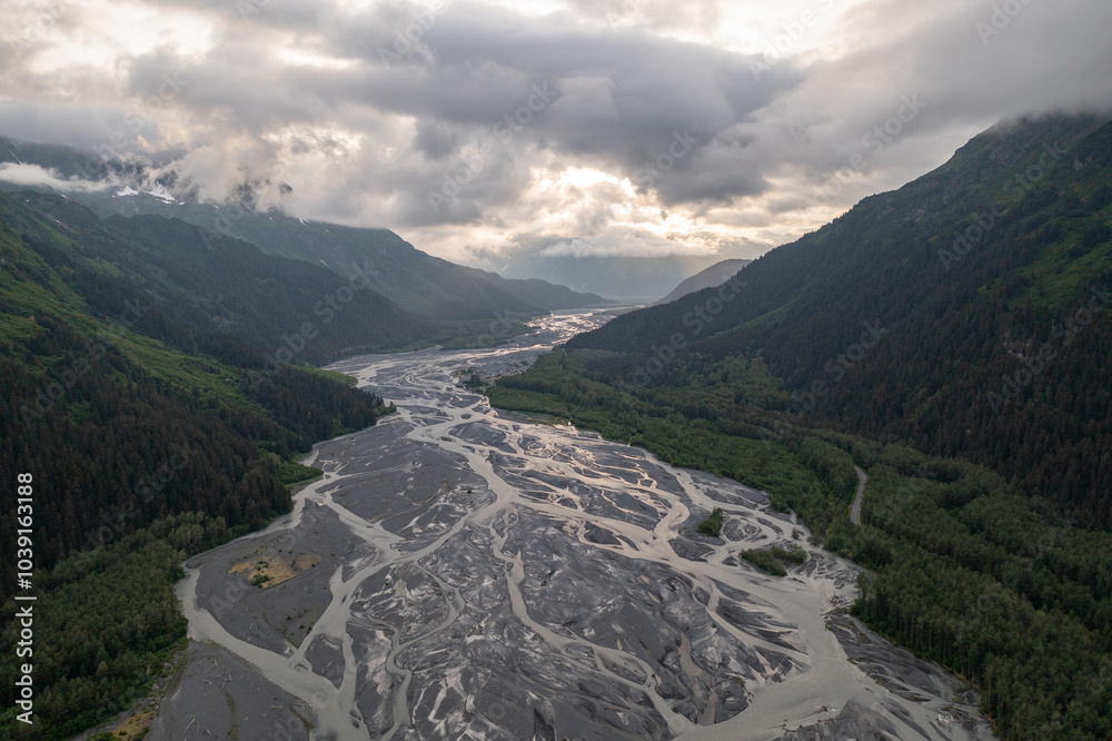 Panoramic view of Exit Glacier river and mountains landscape - streams ...