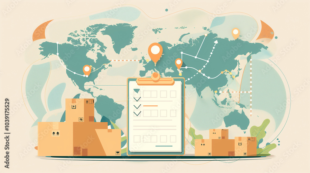 Global logistics and supply chain management with map, checklist, and ...