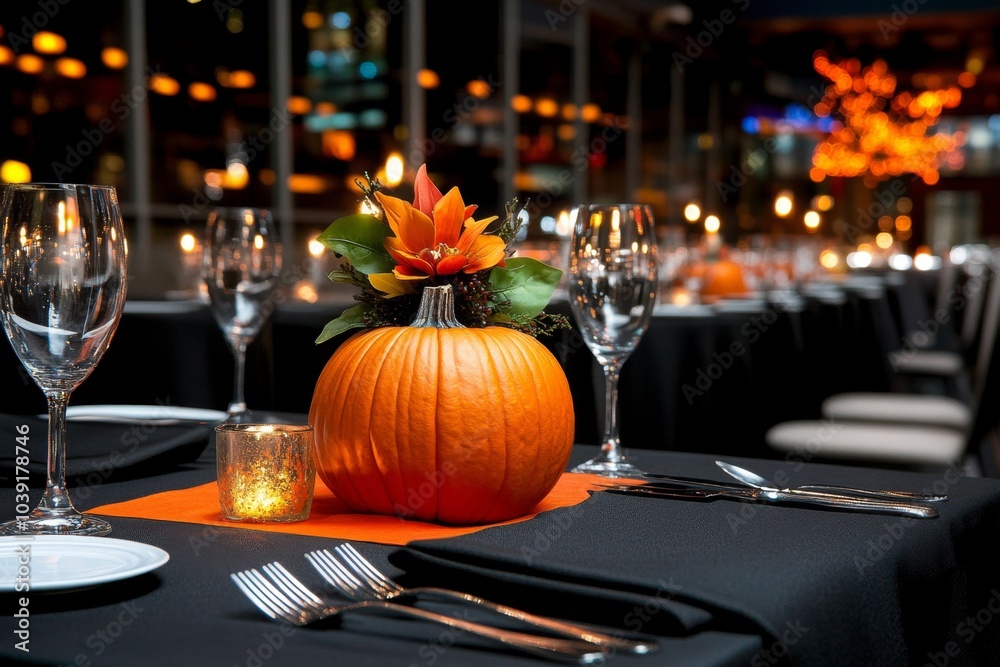Photo & Art Print Minimalist Thanksgiving table with a single pumpkin ...