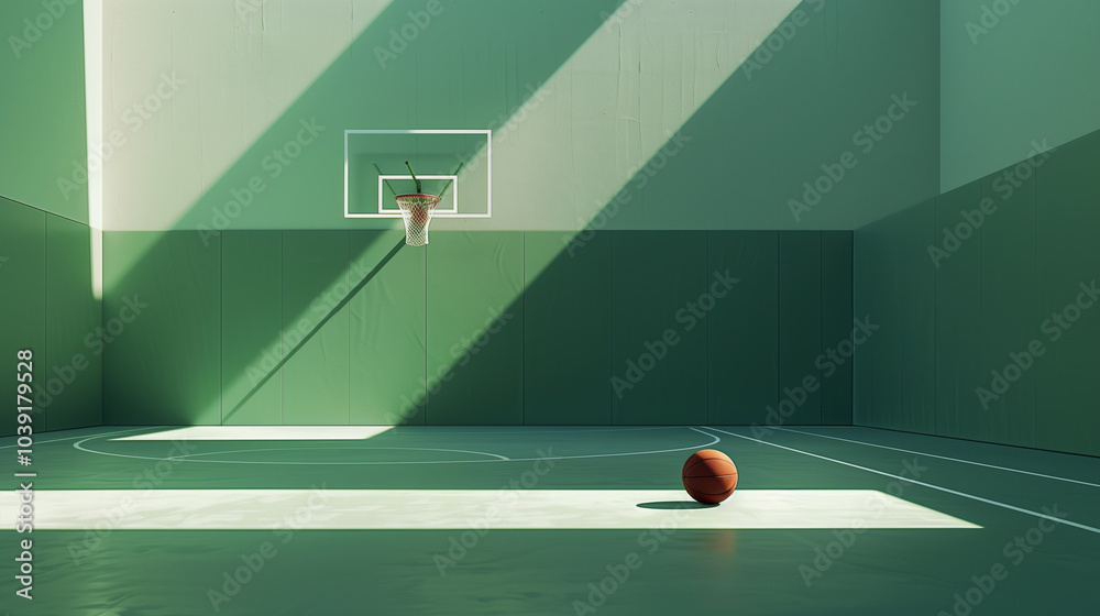 Minimalist green basketball court with a basketball and hoop in ...